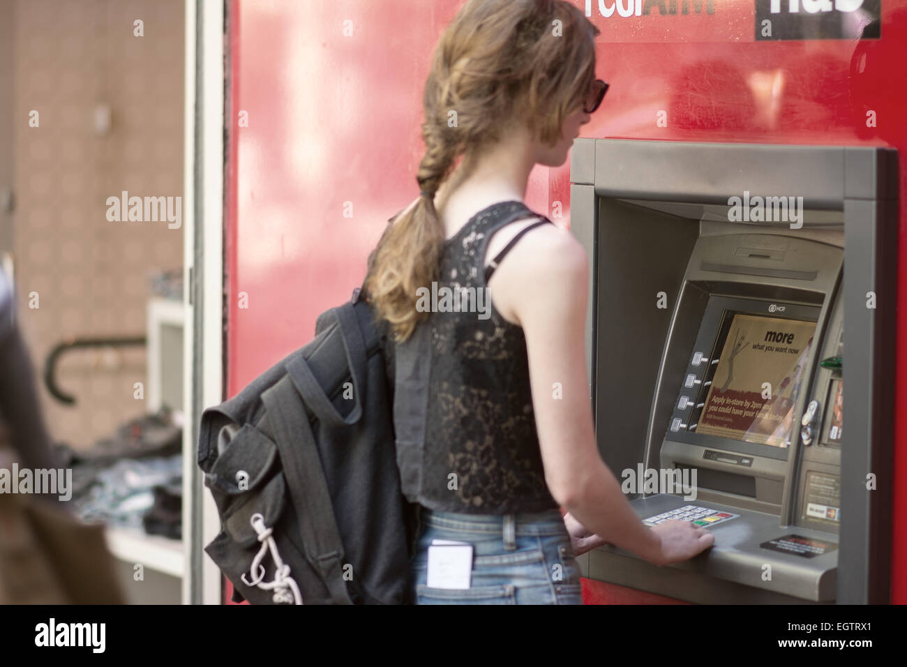 Young Woman Banking ATM Automatic Teller Machine Stock Photo - Alamy