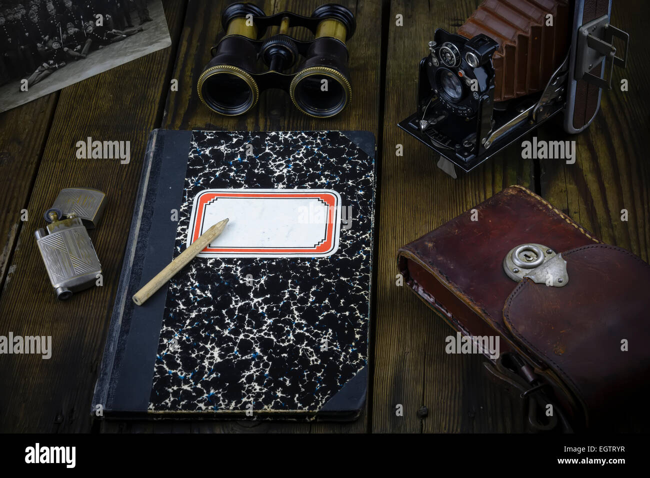 Vintage war correspondent reporter diary with binocular, camera ...