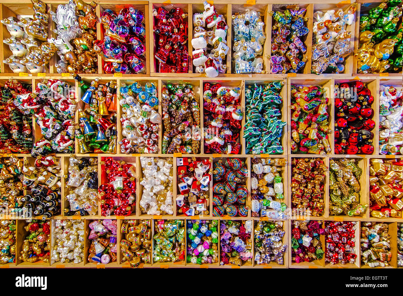 Assortment of christmas decorations on the market Stock Photo - Alamy