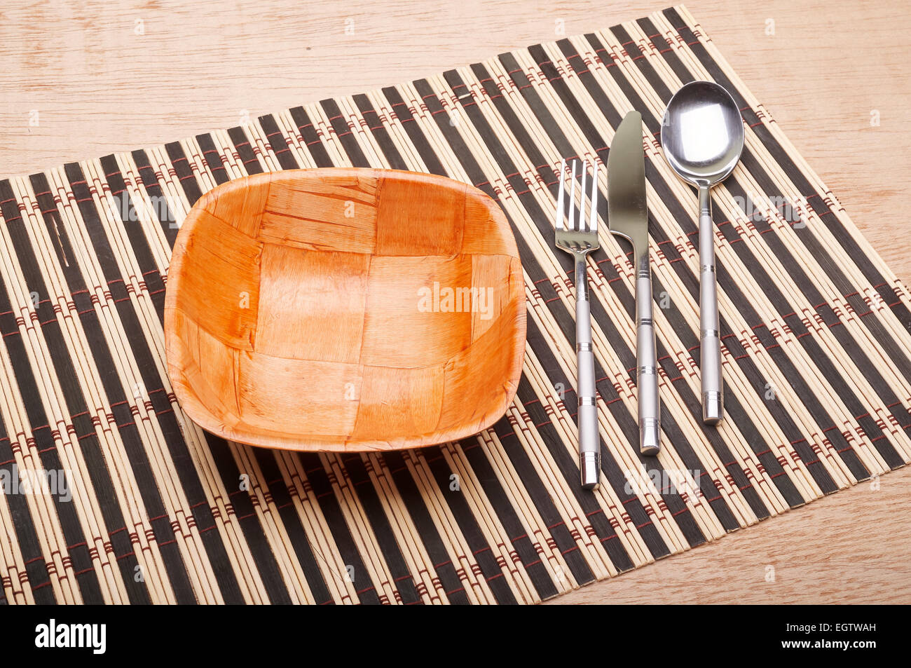 Bowl, fork, knife and spoon on placemats on dining table Stock Photo ...