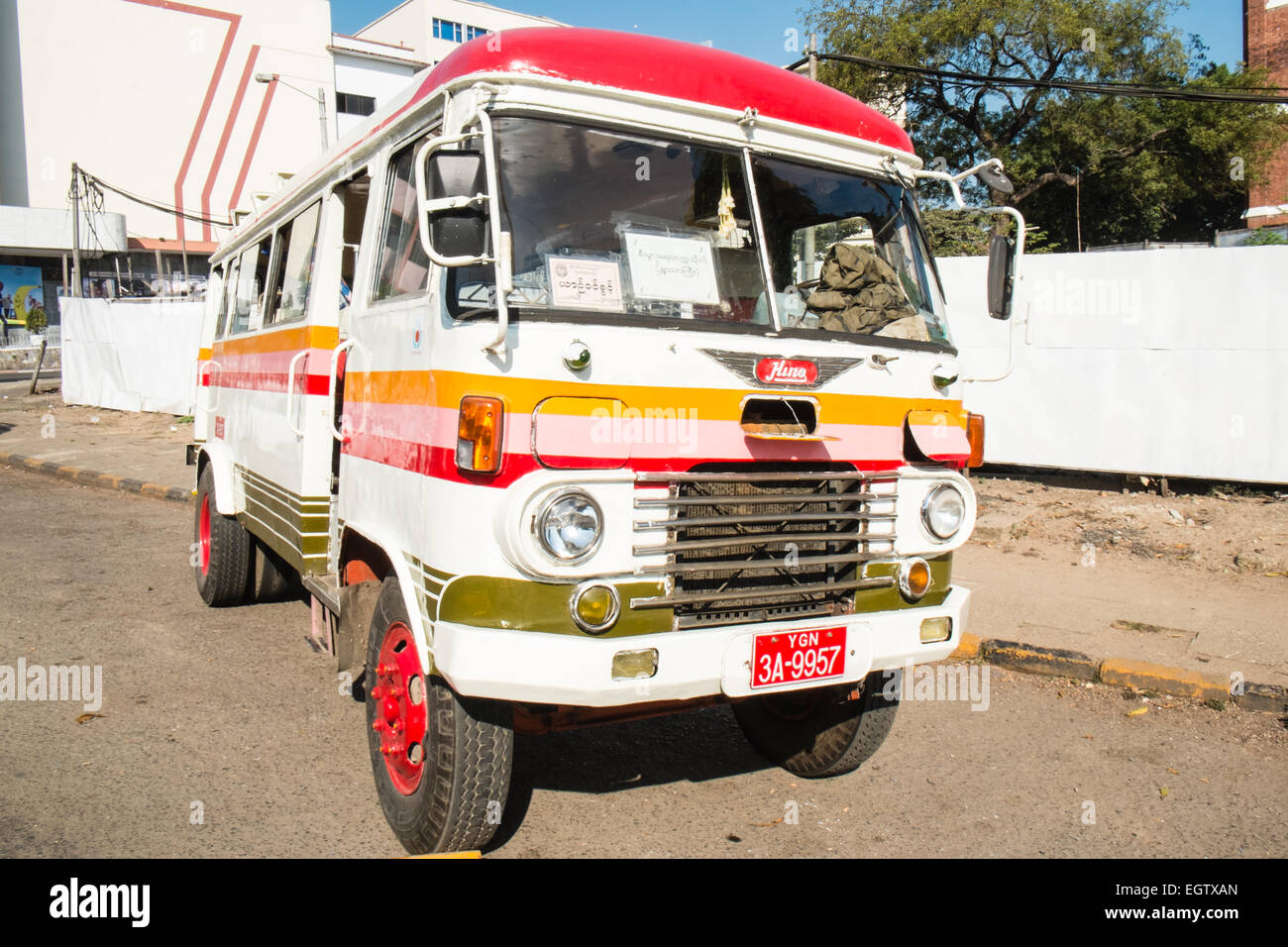 Colourful local Hino bus truck parked in centre of Yangon,Rangoon ...