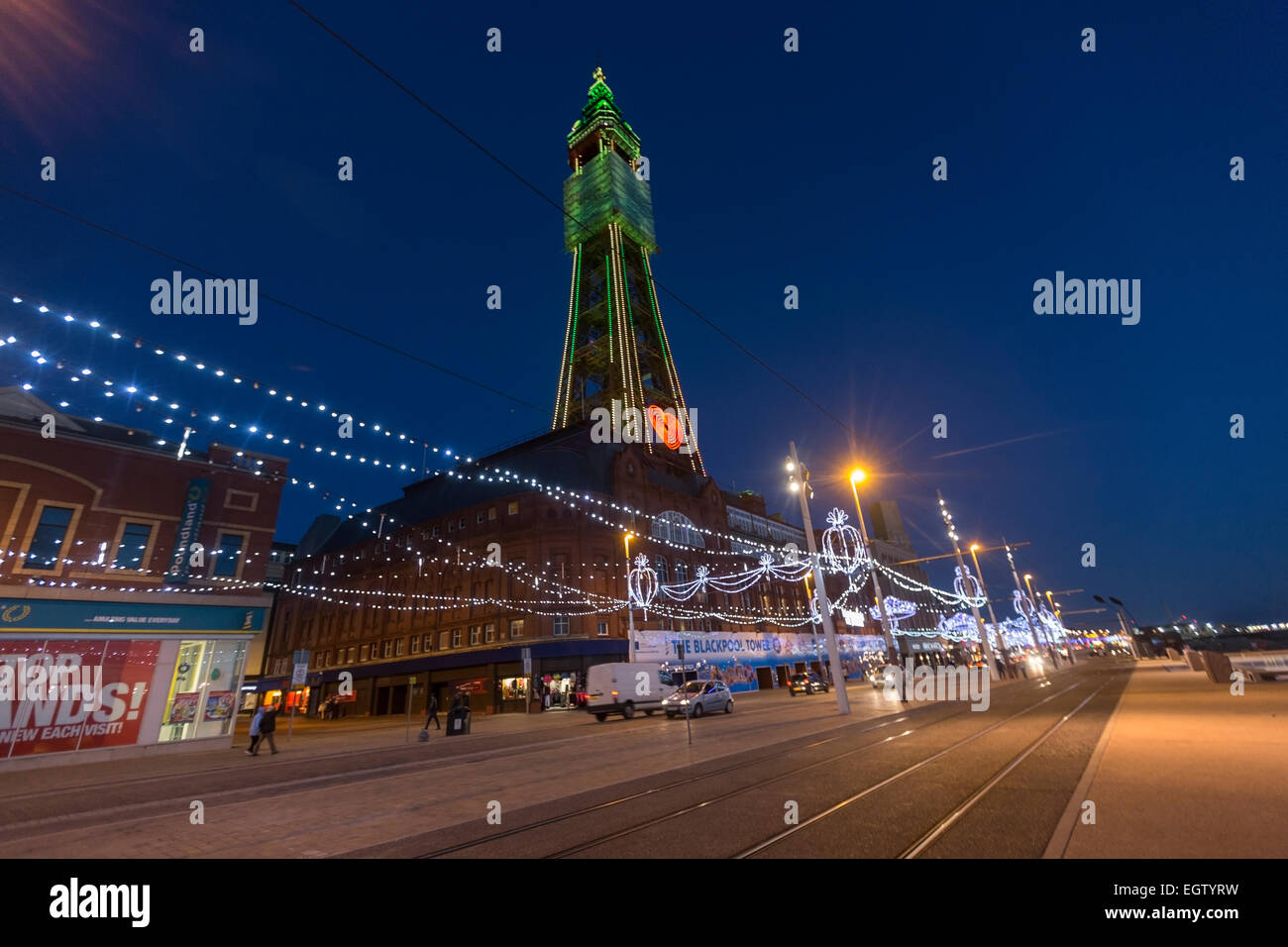 Blackpool Illuminations at night with the illuminated tower Stock Photo ...