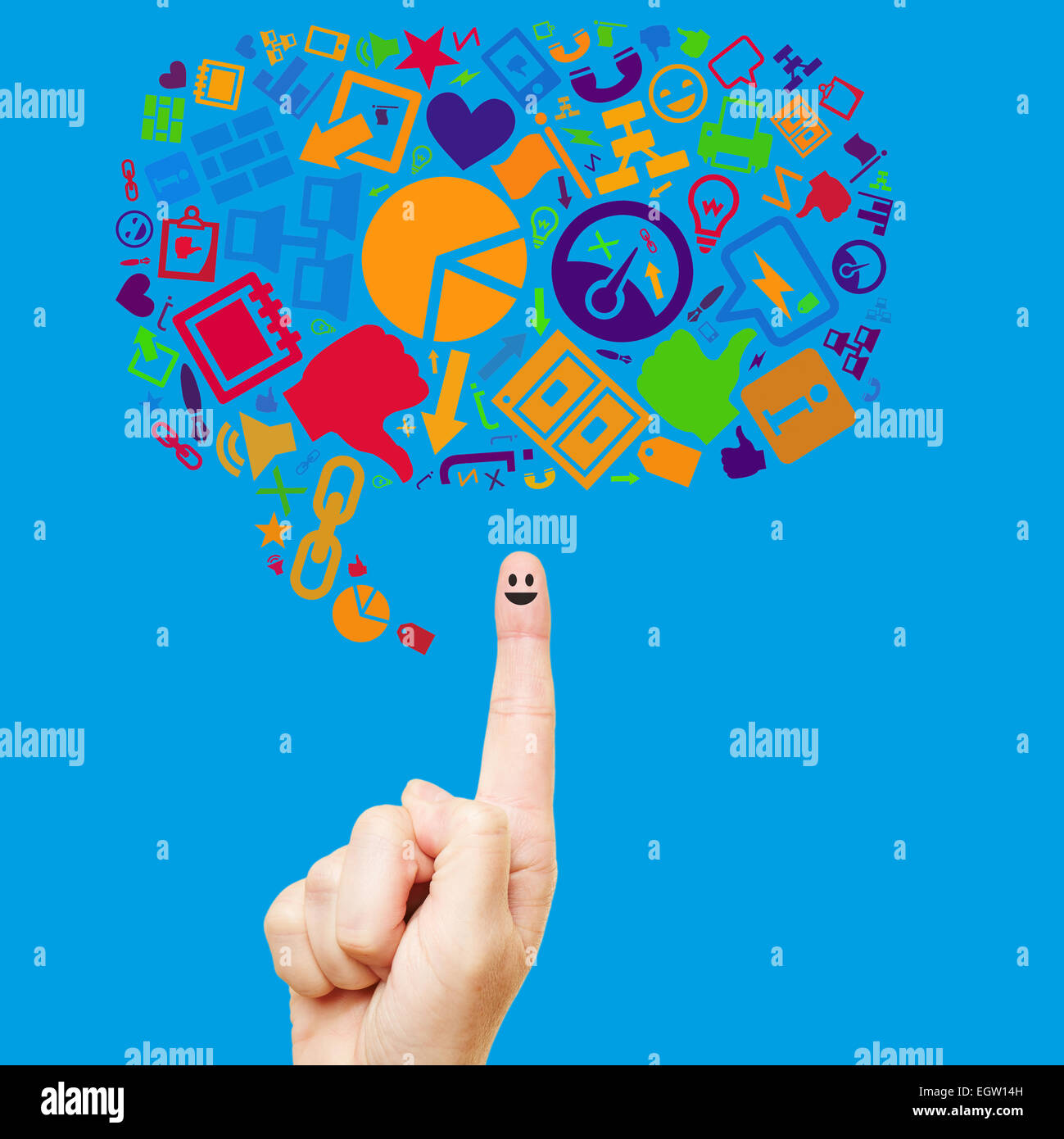 Many icons and symbols forming speech bubble over a talking smiley ...