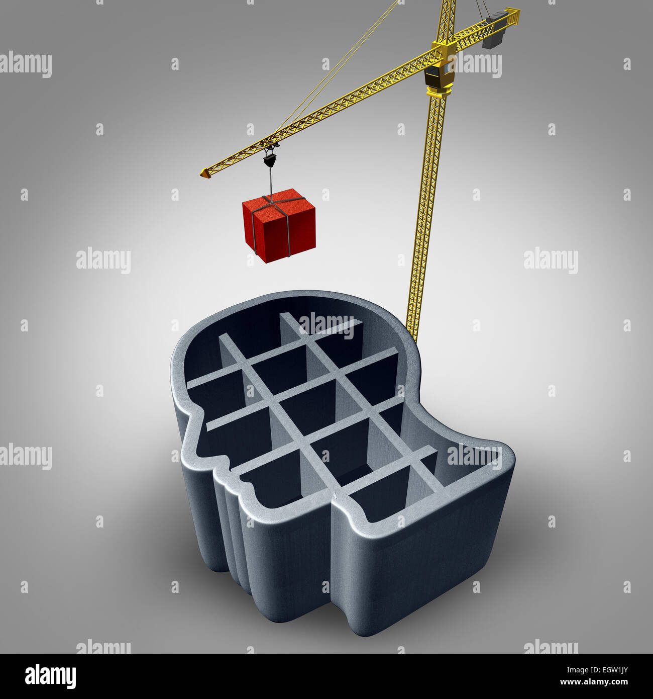Construction head concept as a building shaped as a human face being ...