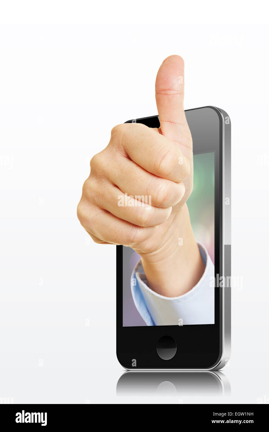 Hand in smartphone holding thumbs up as sign for success Stock Photo ...