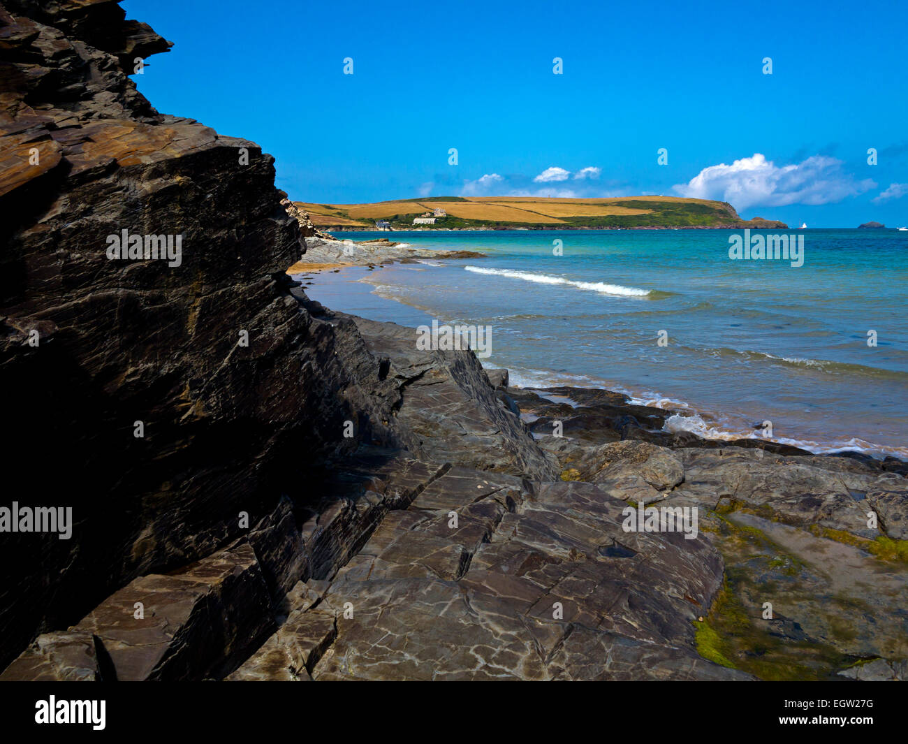 View from Gun Point of the coast and rocks on the beach at Padstow Bay ...
