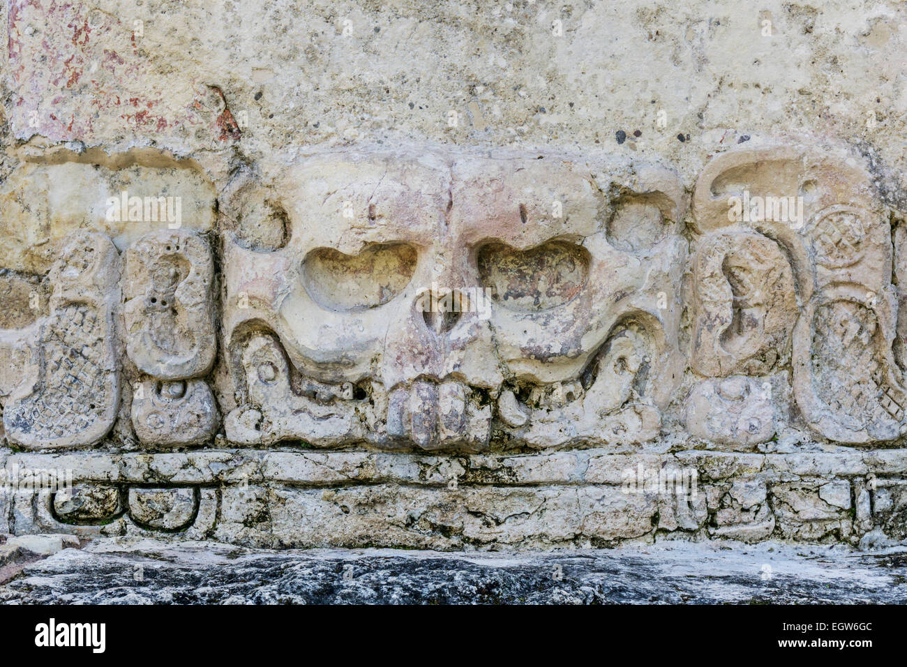 stucco relief of skull with traces of polychrome at base of pillar ...