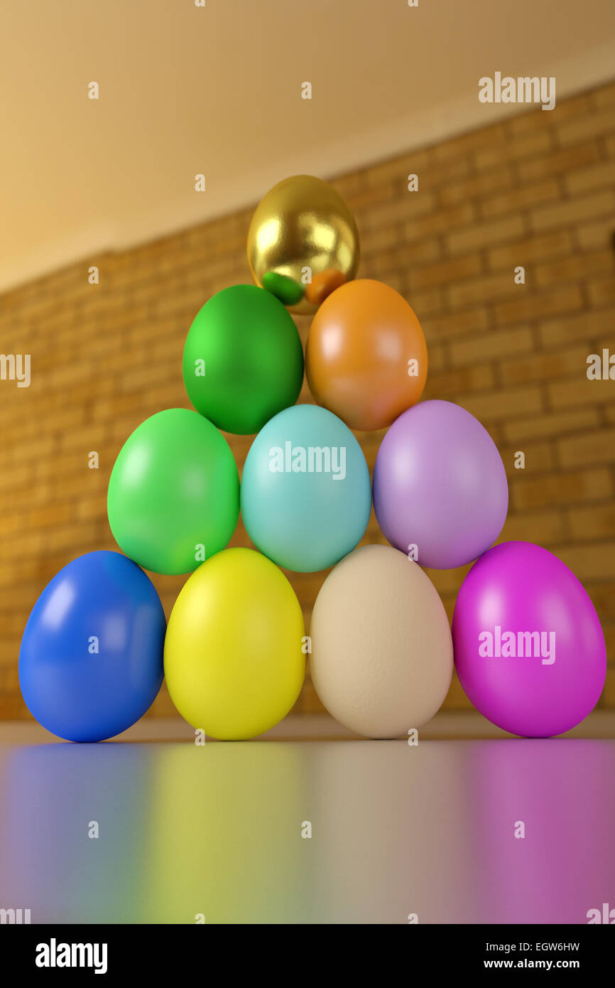 pyramid of the rendered colorful eggs on a shiny table Stock Photo - Alamy