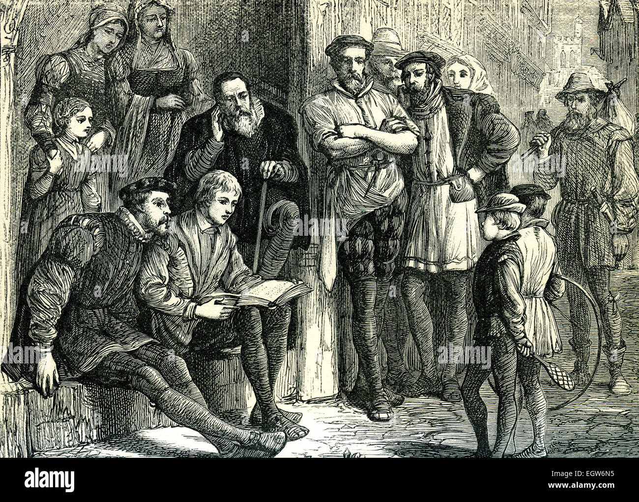 Engraving of a crowd listening to someone read England's first ...