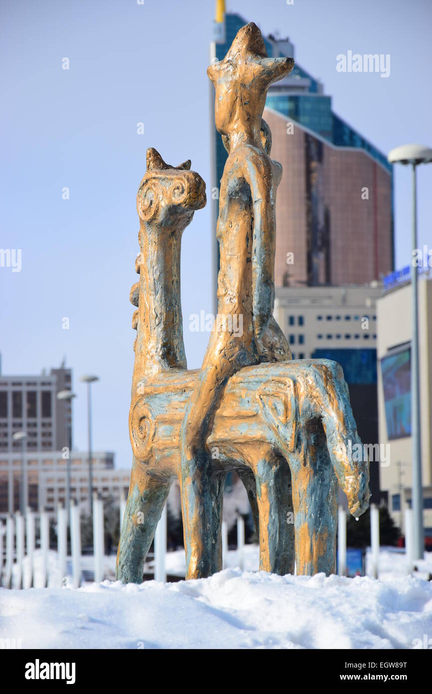 Bronze statue featuring a rider on horseback, in Astana, Kazakhstan, in ...