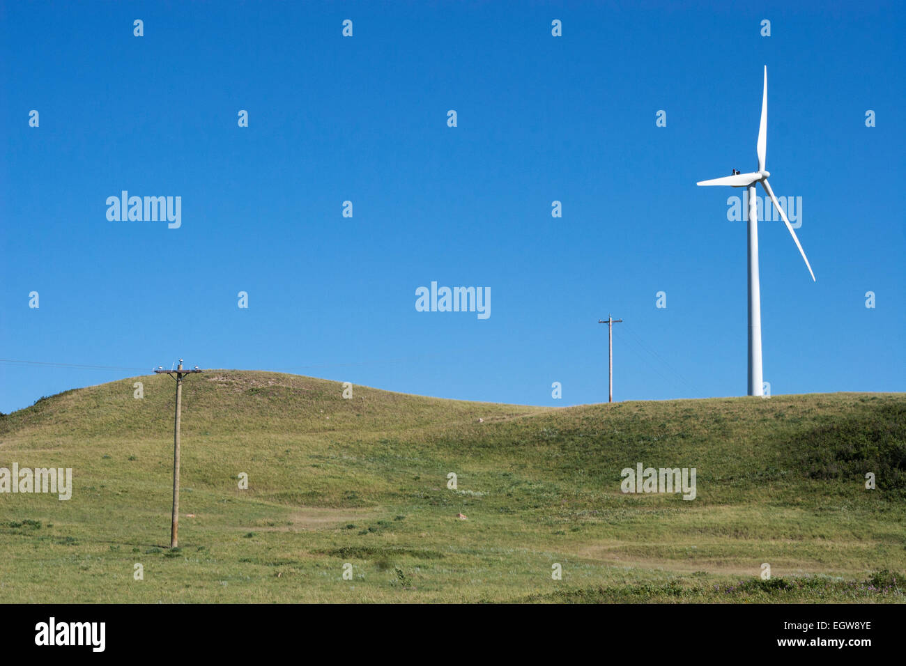 Wind turbine and transmission line in grassland landscape with blue sky ...