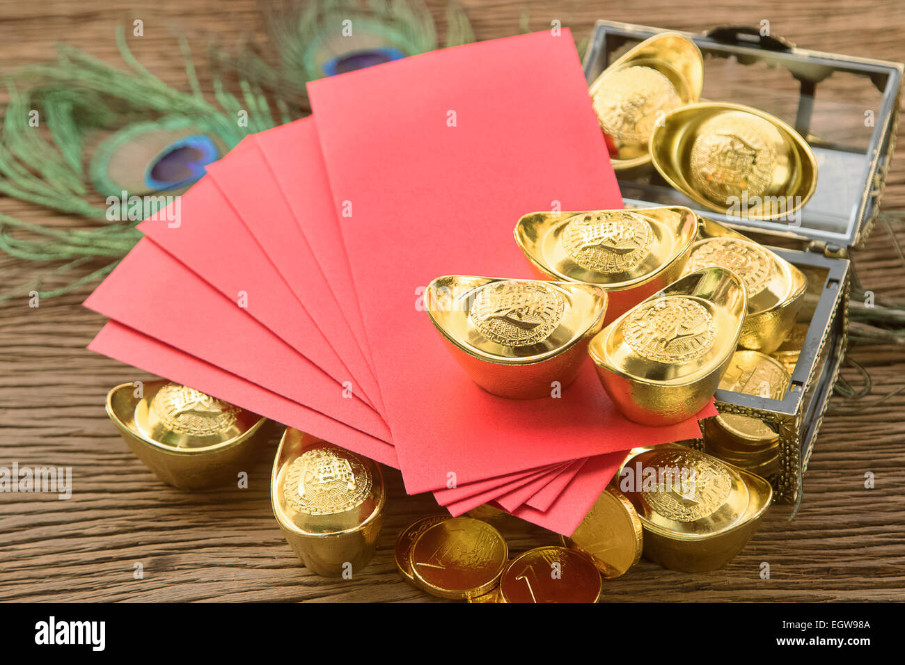Chinese new year festival decorations, ang pow or red packet and gold ...