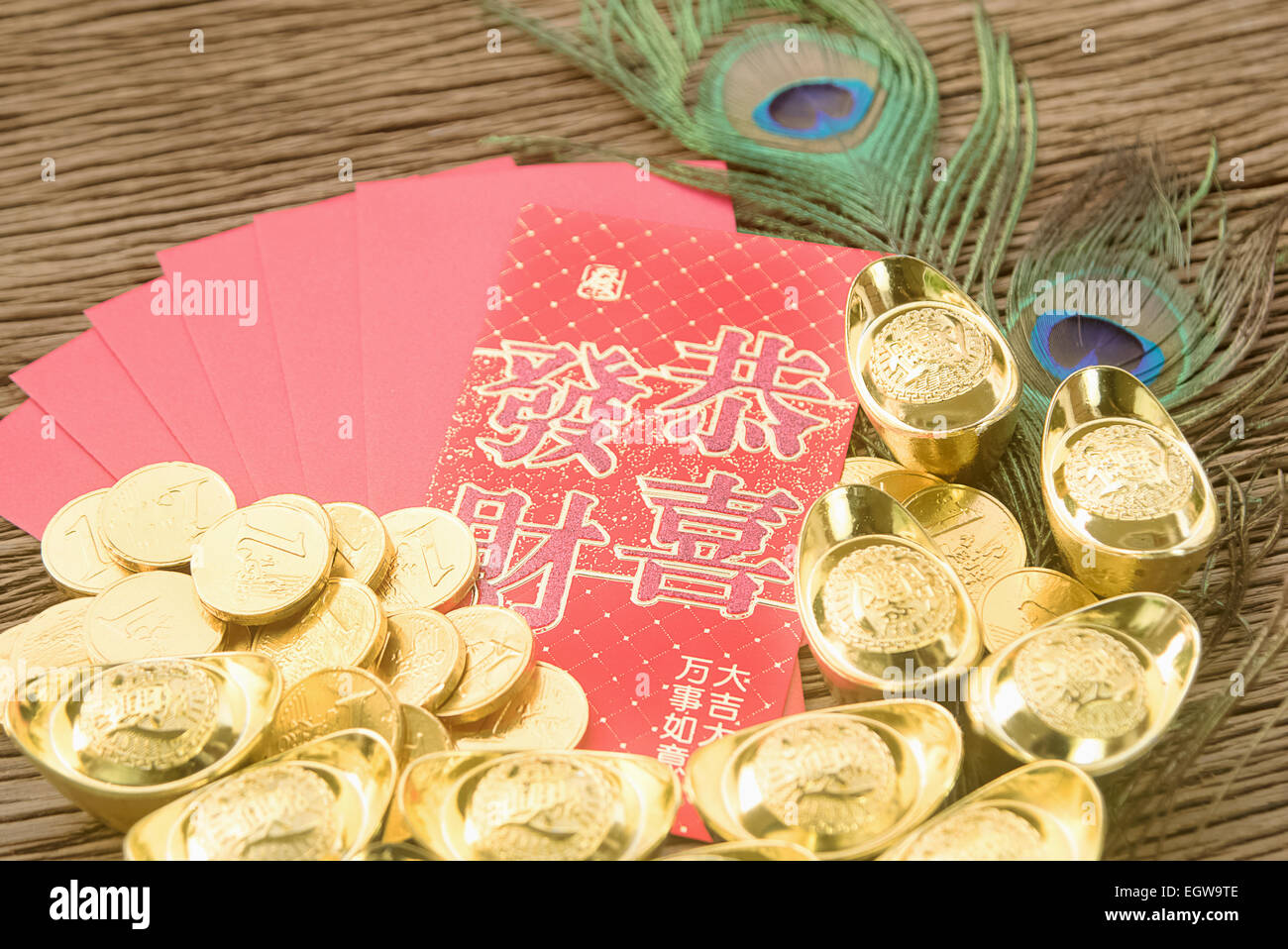 Chinese new year festival decorations, ang pow or red packet and gold ...