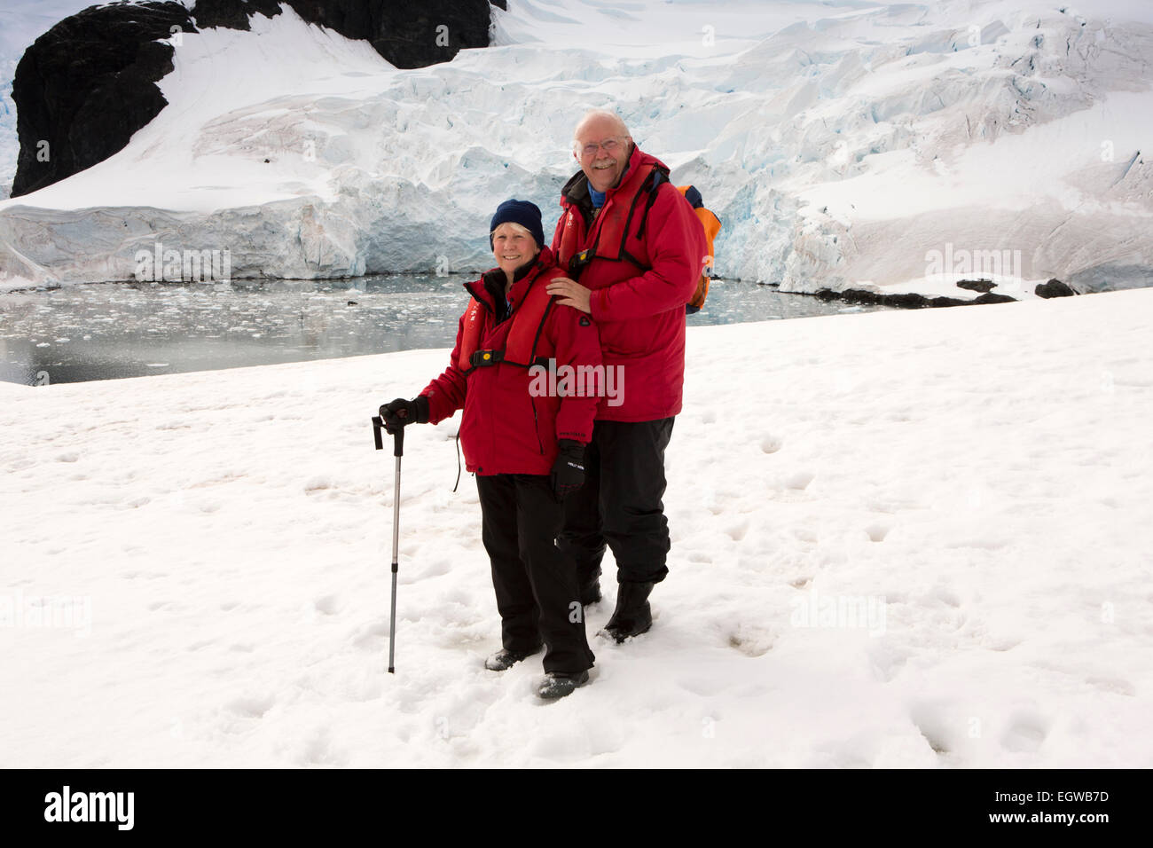 Antarctica, Graham Land, Paradise Bay, visitors in front of glacier ...