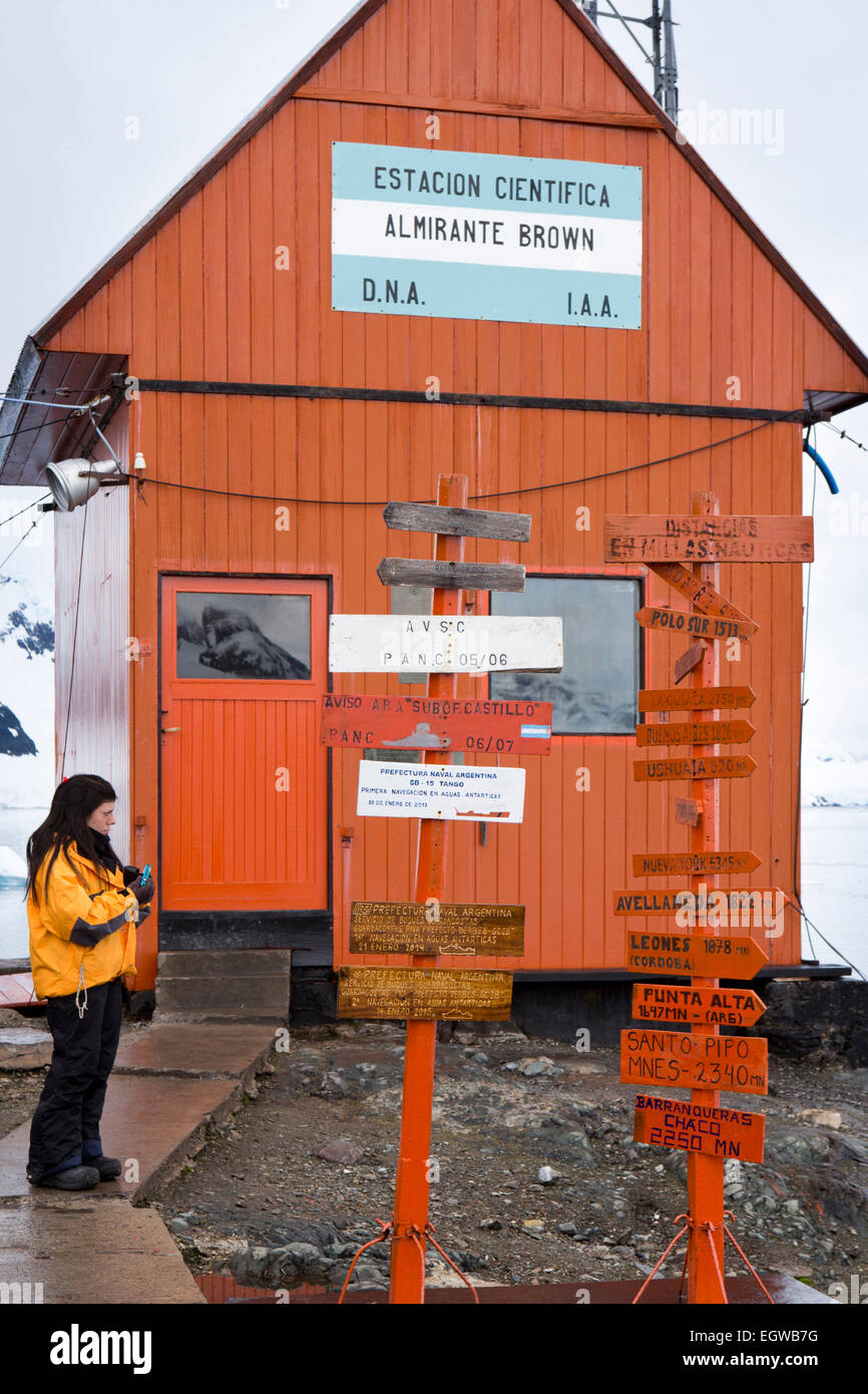 Antarctica, Paradise Bay, Almirante Brown Naval Base, signs to distant ...