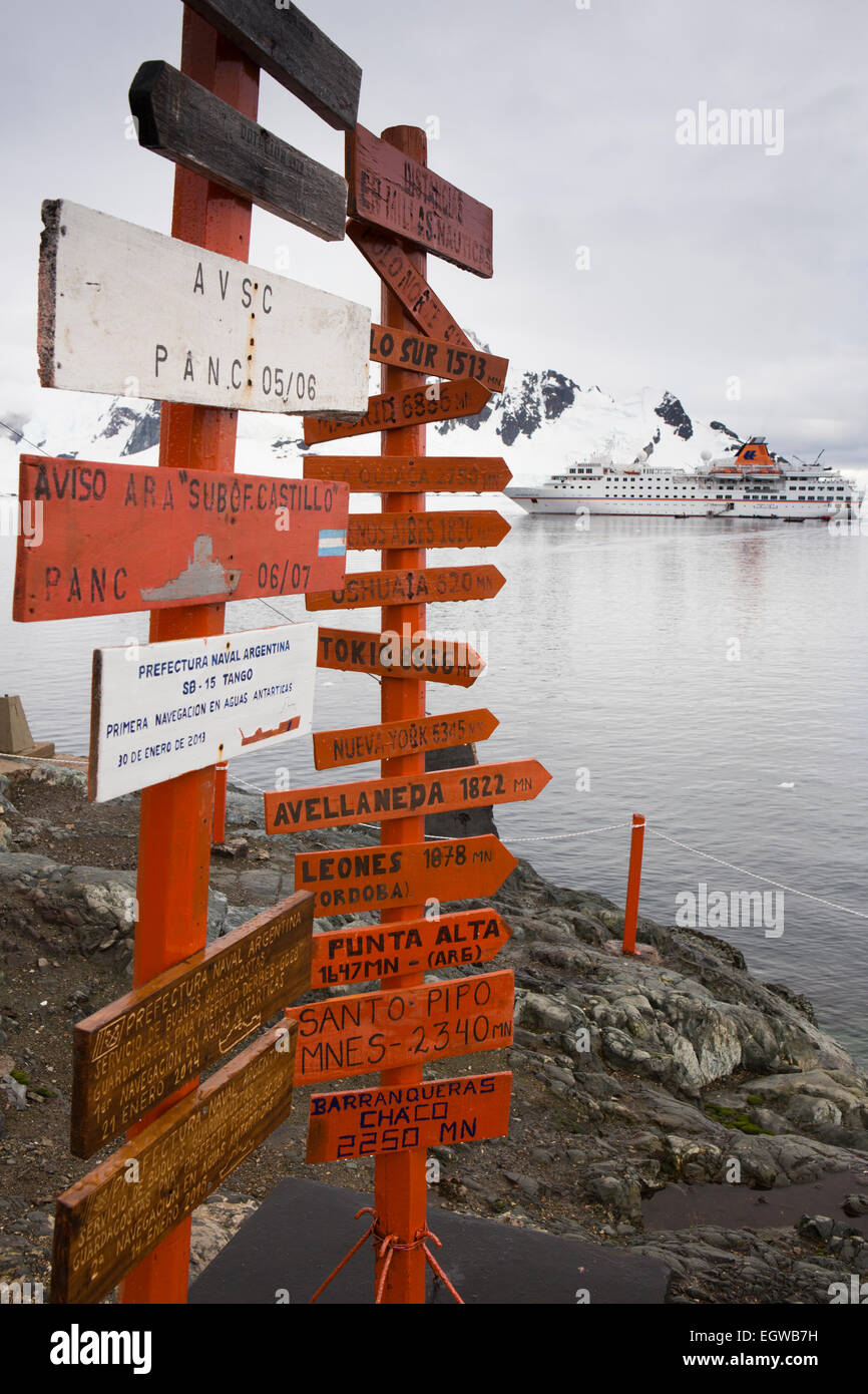 Antarctica, Paradise Bay, Almirante Brown Naval Base, signs to distant ...