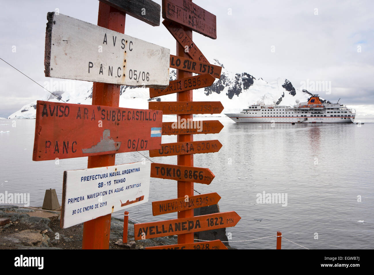 Antarctica, Paradise Bay, Almirante Brown Naval Base, signs to distant ...