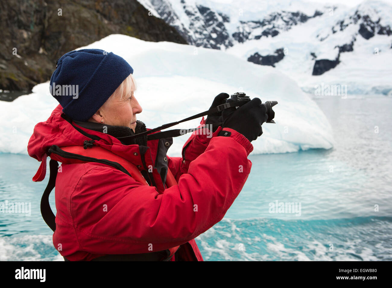 Antarctica, Graham Land, Paradise Bay, visitor taking picture with ...