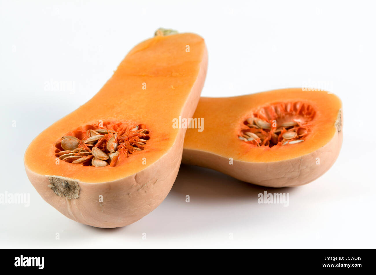 Butternut squash cut in half on white background Stock Photo - Alamy