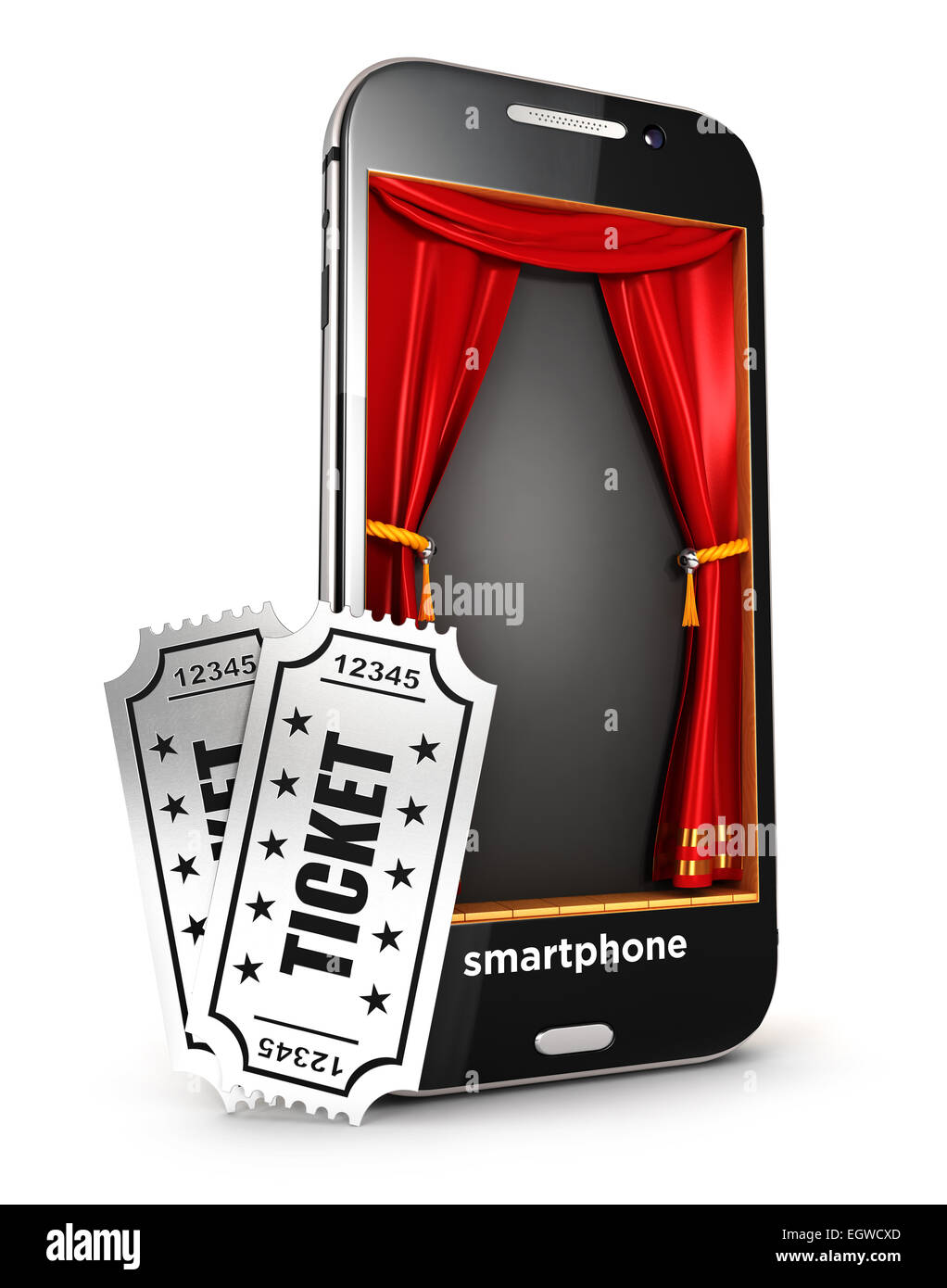 3d smartphone stage and tickets, isolated white background, 3d image ...