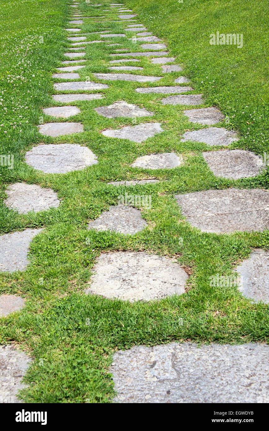 The path in the garden. Stone walkway on green grass Stock Photo - Alamy
