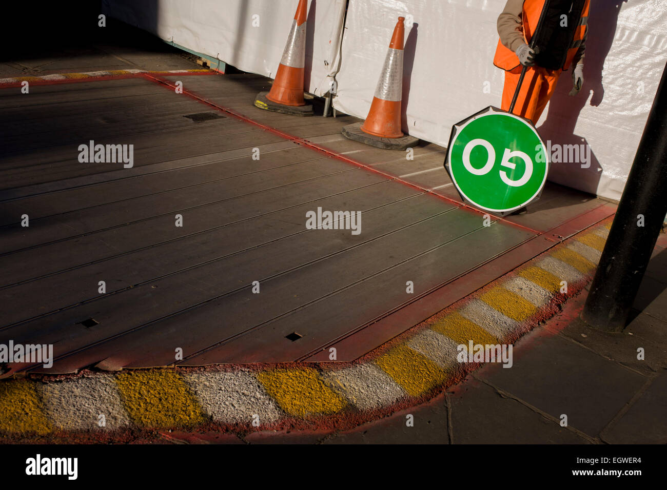 Construction site Banksman (Traffic Marshal) waits to control local ...