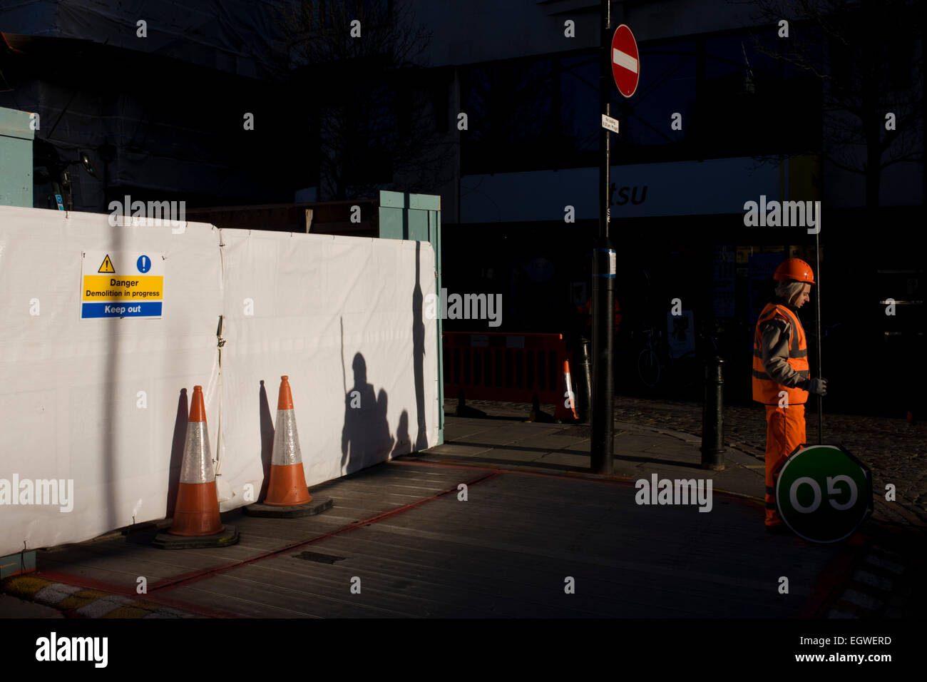 Construction site Banksman (Traffic Marshal) waits to control local ...