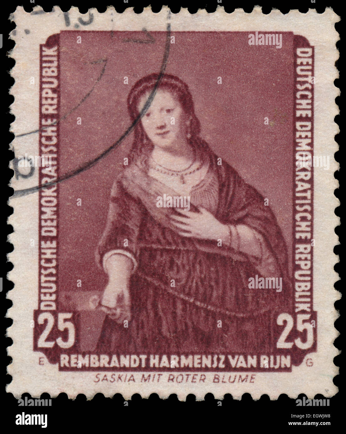 DDR - CIRCA 1957: A stamp printed in DDR shows the painting "Saskia ...