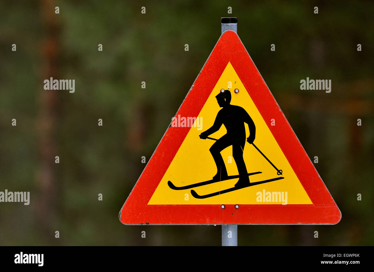 A warning sign showing a skier near the biathlon stadium in Kontiolahti ...