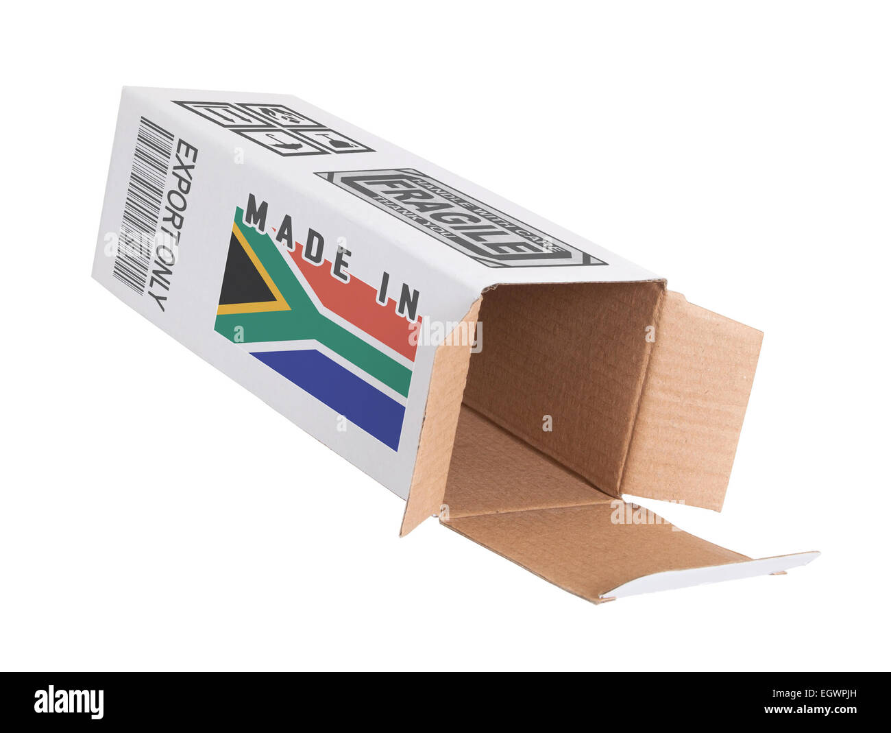 Concept of export, opened paper box - Product of South Africa Stock ...