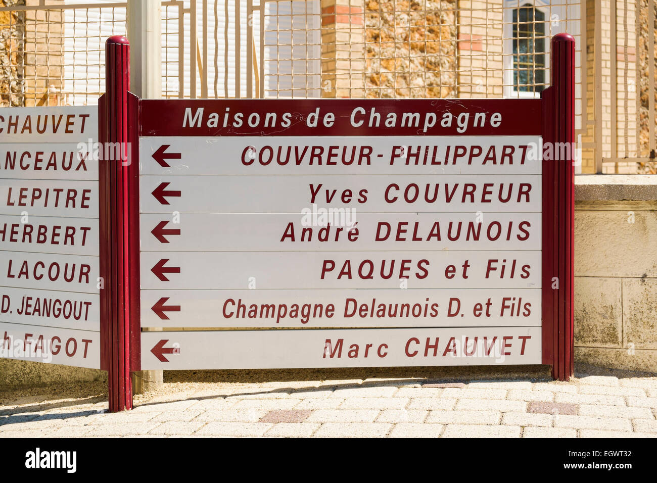 Sign with list of each Champagne House (Maisons de Champagne) in Rilly ...