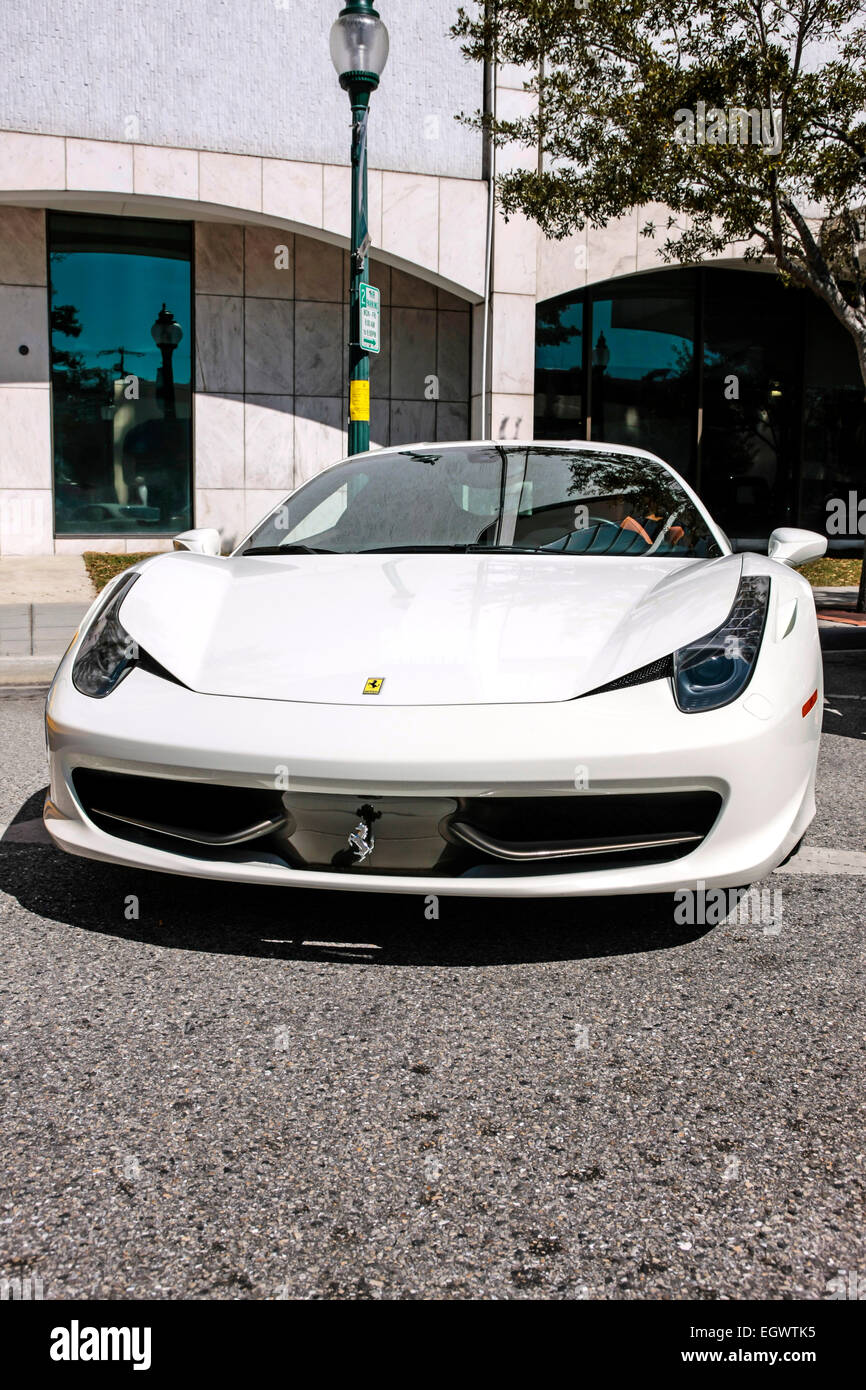 White Ferrari F458 Mid-engined sports car on Main Street in downtown ...