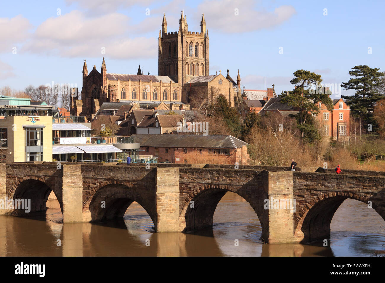 Hereford Cathedral with the Old Wye Bridge across the River Wye ...