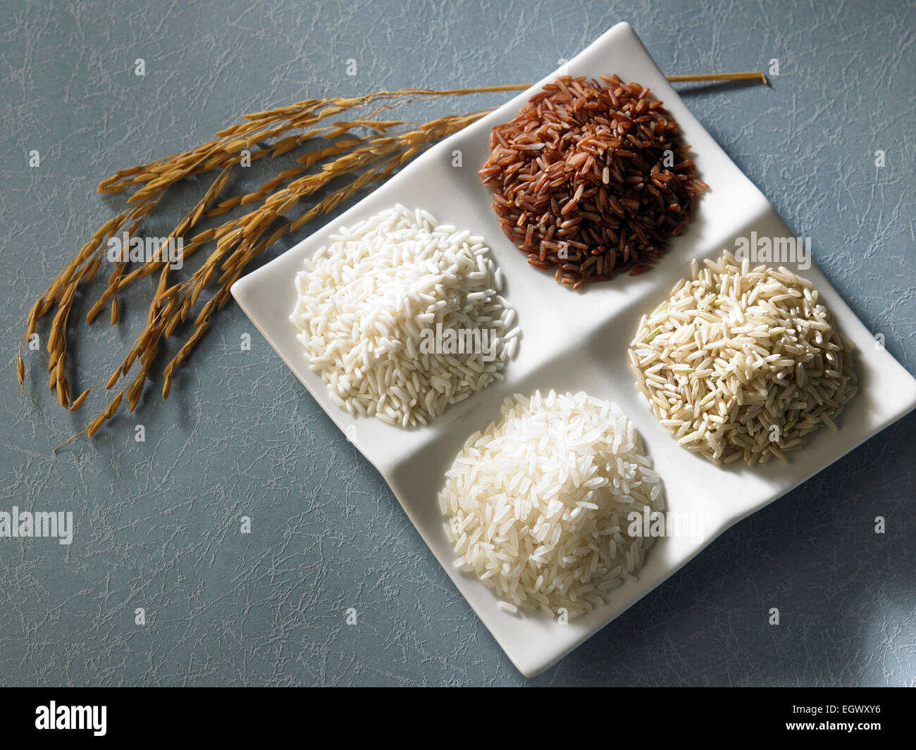 top view of few different type of rice on the plate Stock Photo - Alamy