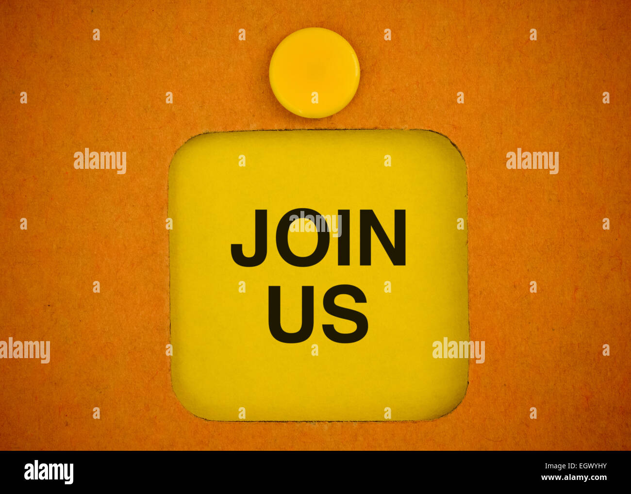 Yellow sticker with announcement and invitation for joining Stock Photo ...