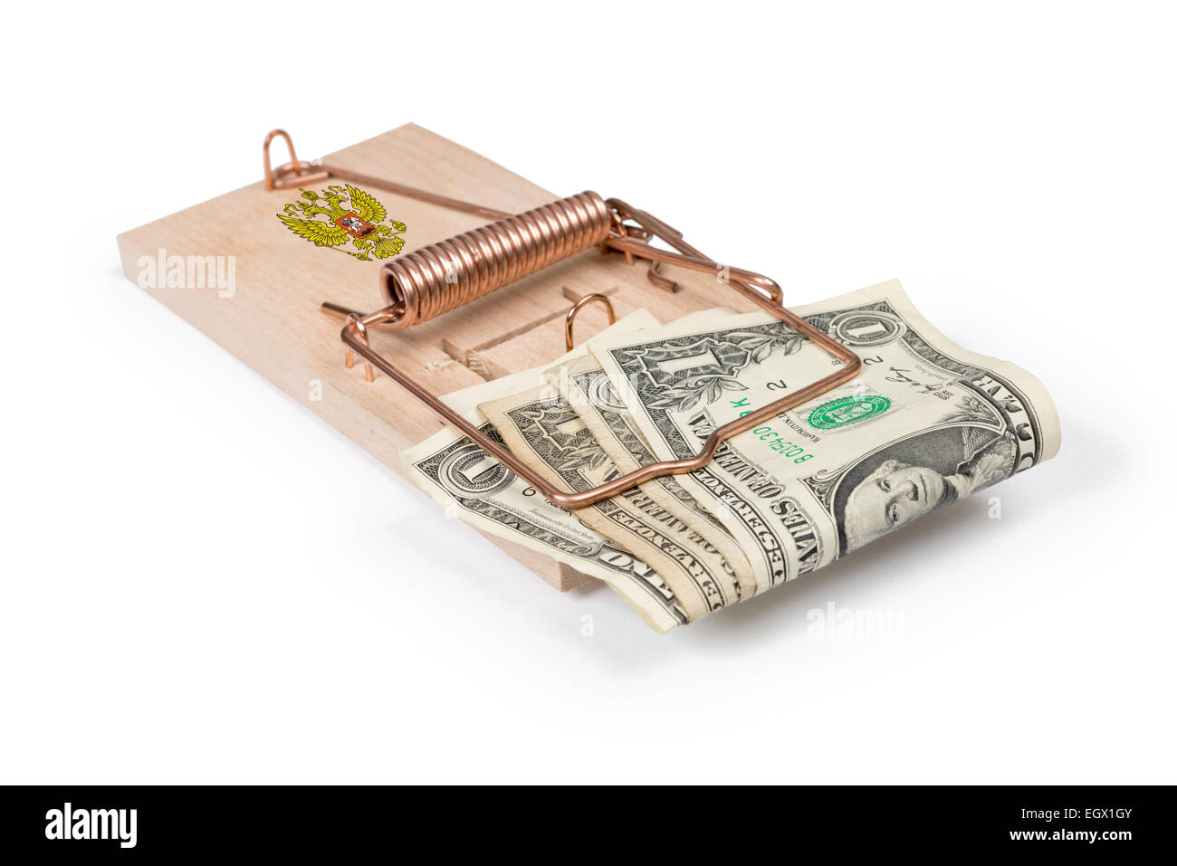 Russian mouse trap with dollar bills isolated over white with clipping ...