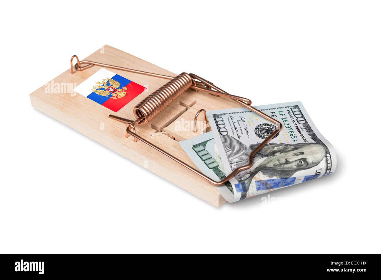 Russian mouse trap with dollar bills isolated over white with clipping ...