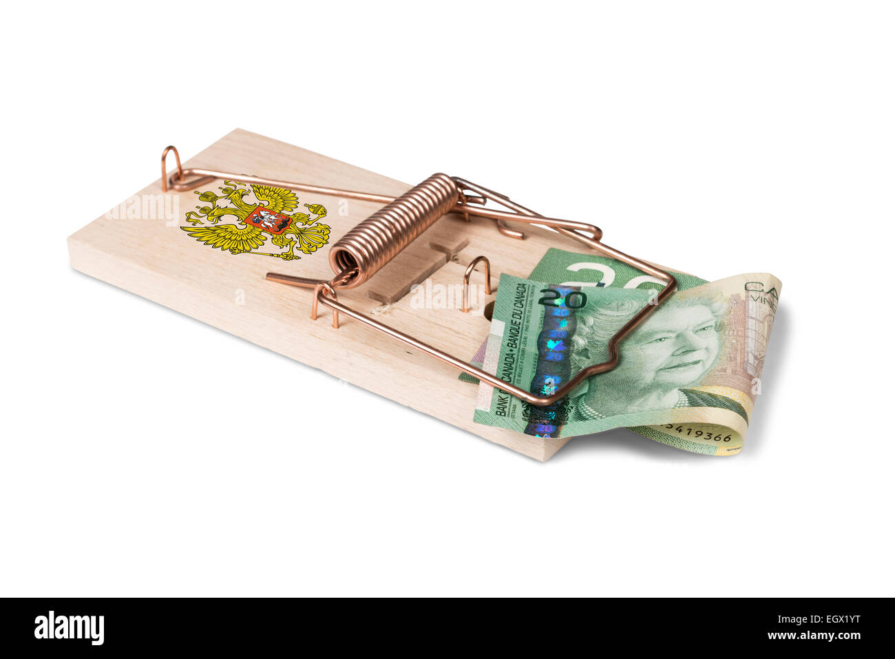 Russian mouse trap with Canadian dollar bills isolated over white with ...