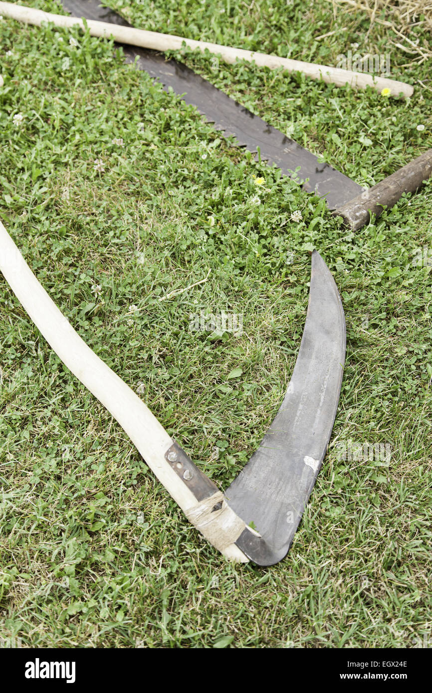 Old scythe in the field, detail of a tool to mow the field Stock Photo ...