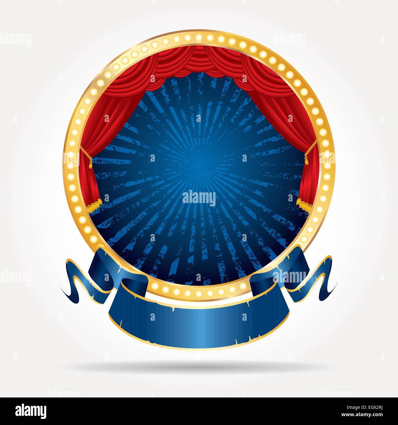 blue round stage with red curtain, blank banner and grunge burst vector ...