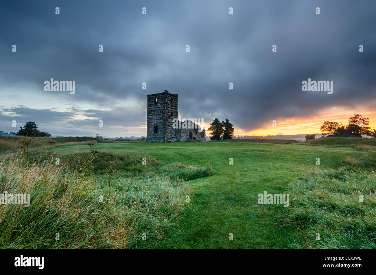 The ruined Norman church at Knowlton Rings an ancient Neolithic henge ...