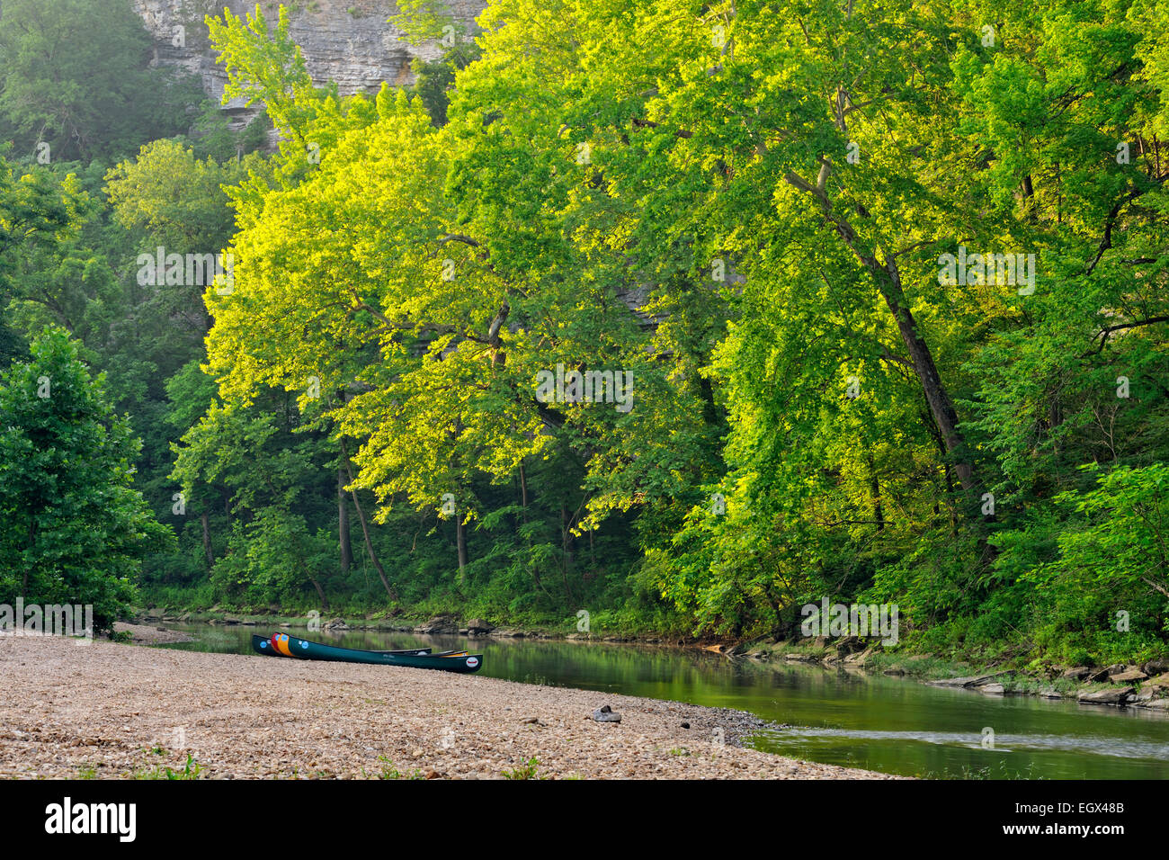 Canoes on the Buffalo National River shore in summer for an excursion ...