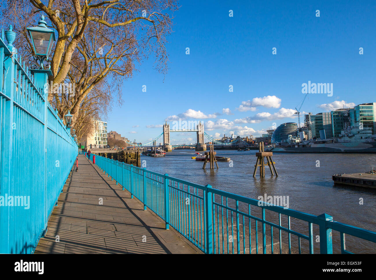 A beautiful view from the Thames Path in London. Sights include Tower ...