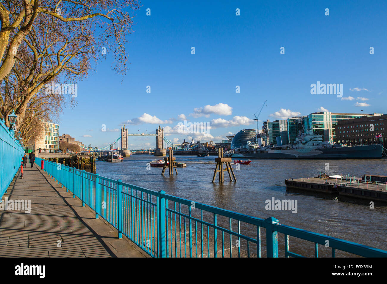 A beautiful view from the Thames Path in London. Sights include Tower ...