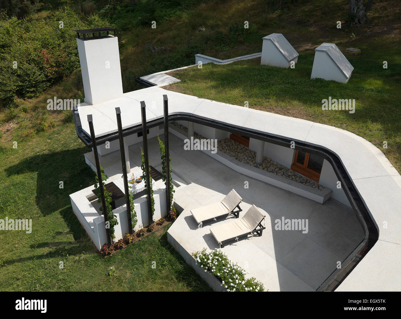 Aerial view of modern house with shaded terrace, UK home Stock Photo ...