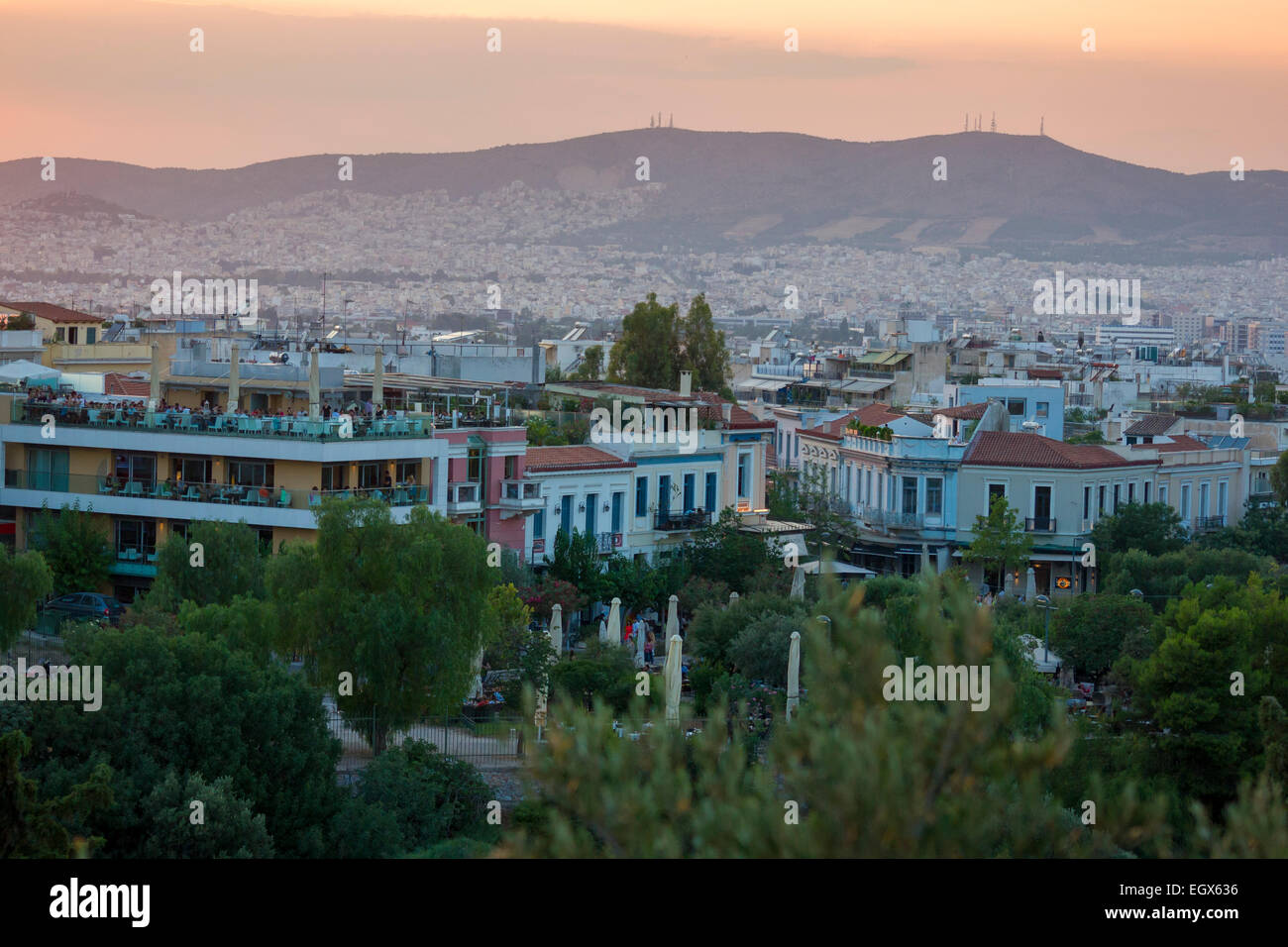 Athens skyline at sunset viewed from Areopagus Hill, Greece Stock Photo ...