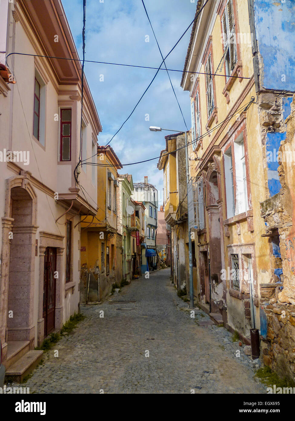 Colourful residential houses in a street in Ayvalik, Turkey Stock Photo ...