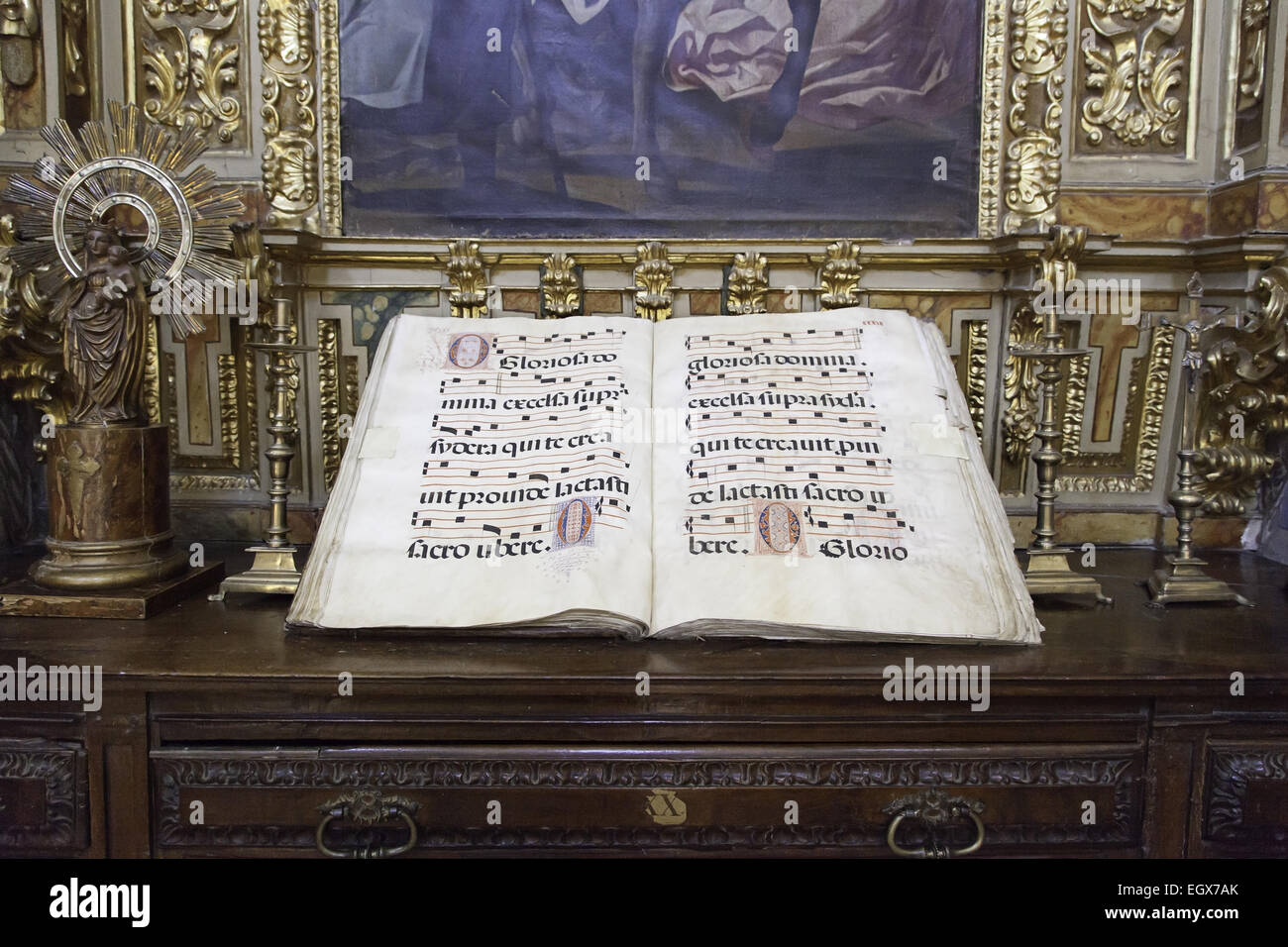 Old music book in a church, detail of a work of ancient art Stock Photo ...