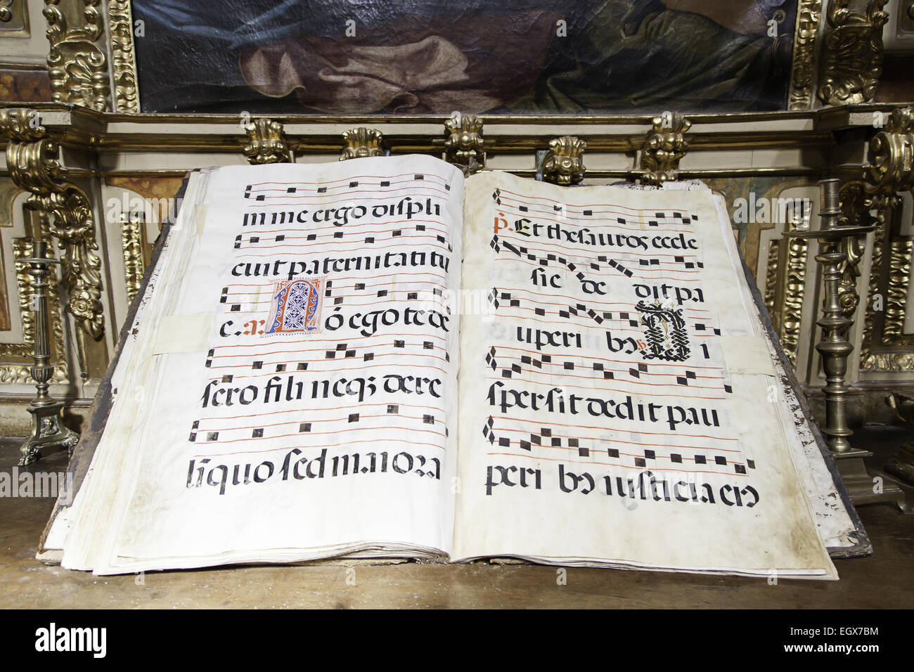 Old music book in a church, detail of a work of ancient art Stock Photo ...