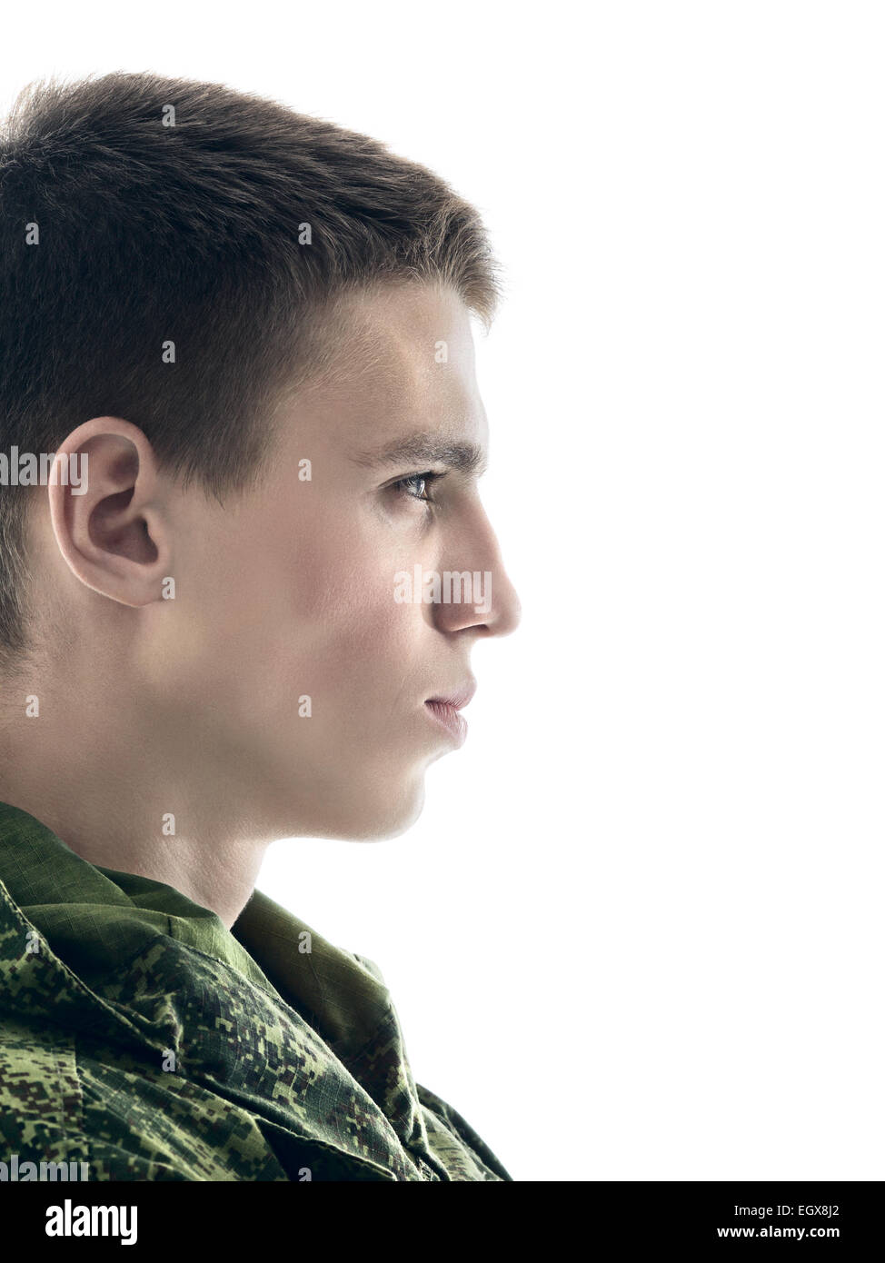 young military man profile, closeup portrait isolated on white Stock ...